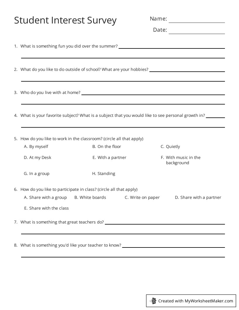 Student Interest Survey - My Worksheet Maker: Create Your Own Worksheets