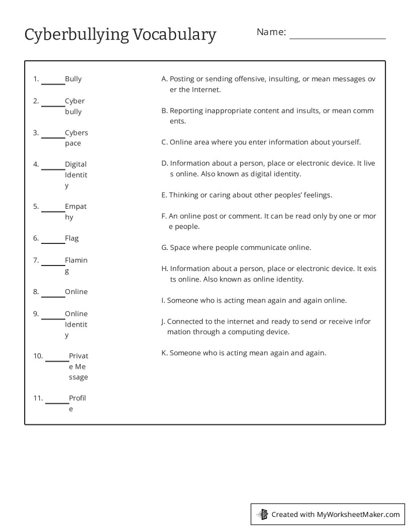 Cyberbullying Vocabulary - My Worksheet Maker: Create Your Own Worksheets