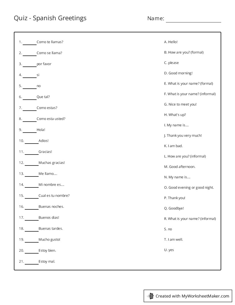 Quiz - Spanish Greetings - My Worksheet Maker: Create Your Own Worksheets