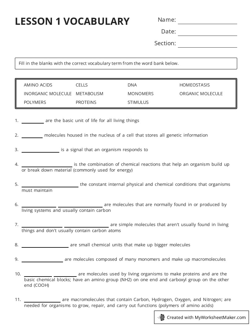 LESSON 1 VOCABULARY - My Worksheet Maker: Create Your Own Worksheets