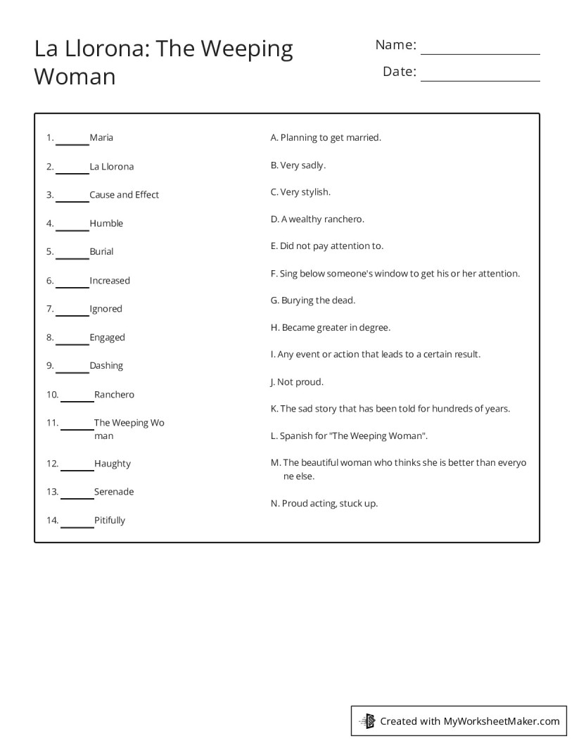 La Llorona: The Weeping Woman - My Worksheet Maker: Create Your Own ...