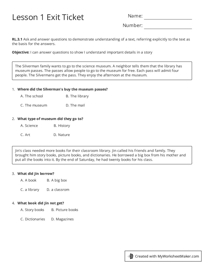 Lesson 1 Exit Ticket - My Worksheet Maker: Create Your Own Worksheets