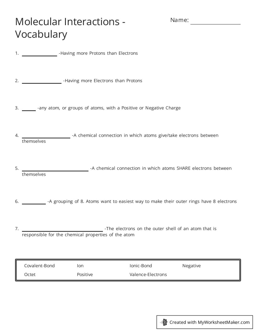 Molecular Interactions - Vocabulary - My Worksheet Maker: Create Your ...