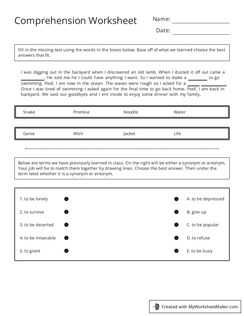 Comprehension Worksheet - My Worksheet Maker: Create Your Own Worksheets