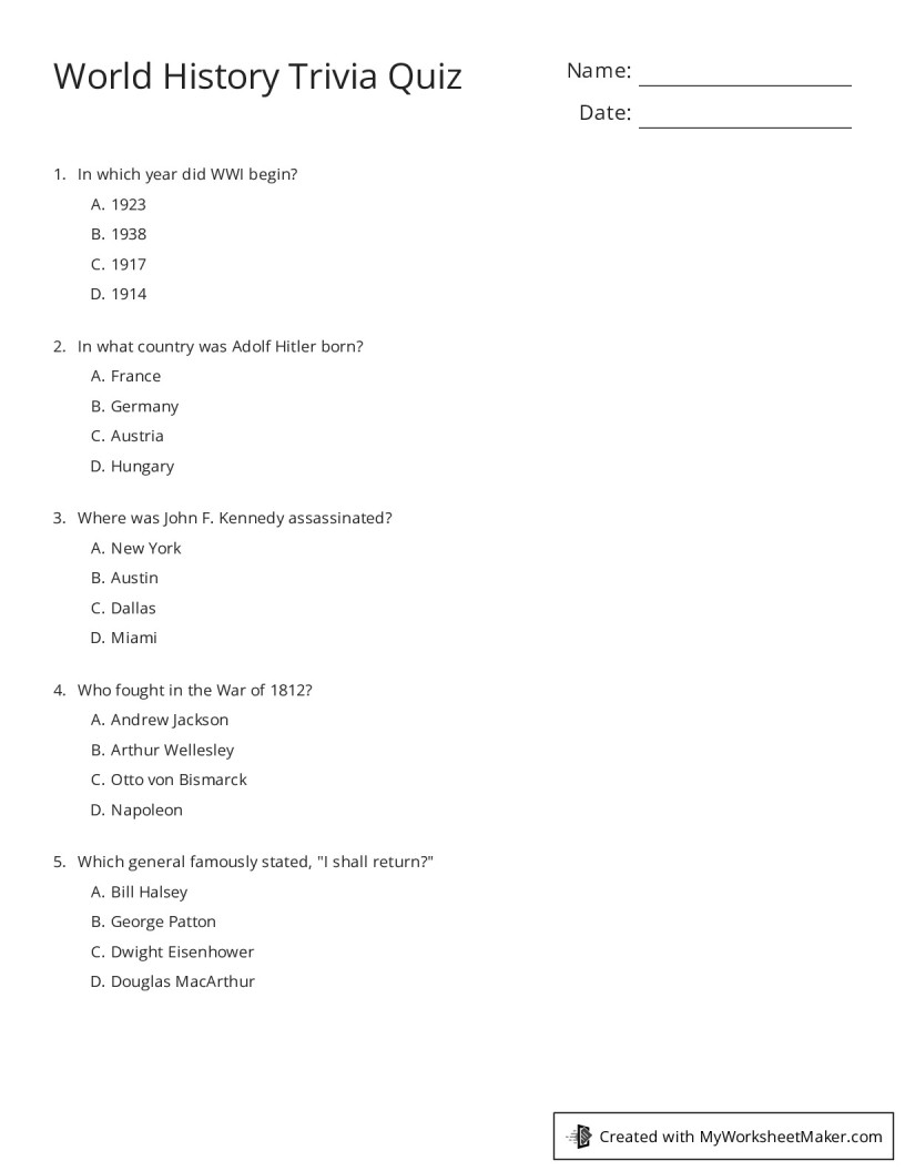 World History Trivia Quiz - My Worksheet Maker: Create Your Own Worksheets