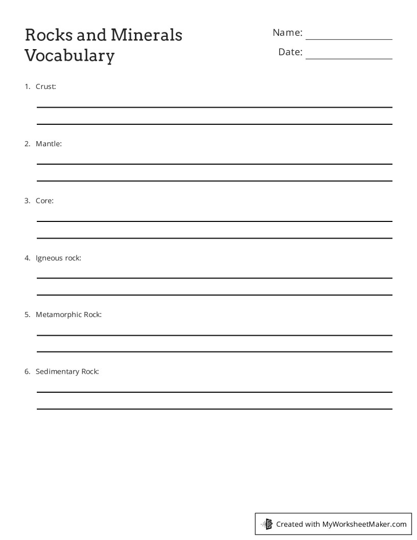 Rocks and Minerals Vocabulary - My Worksheet Maker: Create Your Own ...