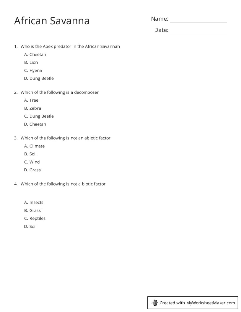 African Savanna - My Worksheet Maker: Create Your Own Worksheets
