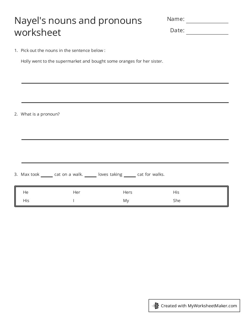 Nayel's nouns and pronouns worksheet - My Worksheet Maker: Create Your ...
