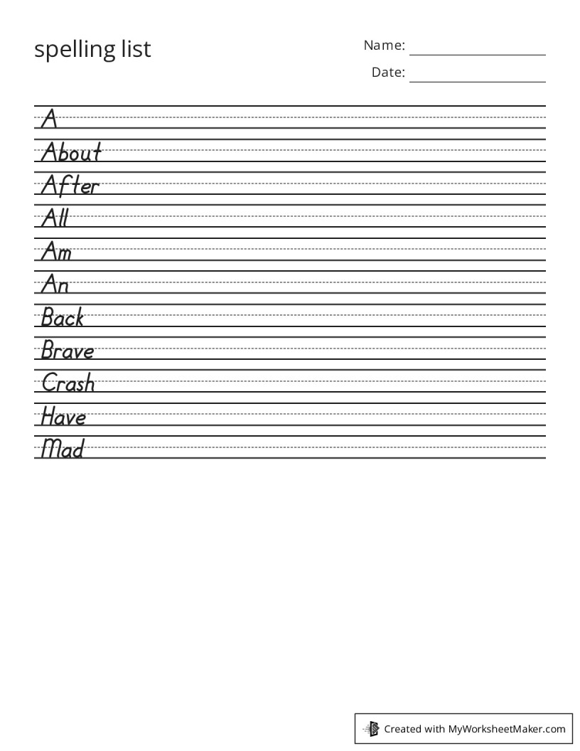 spelling list - My Worksheet Maker: Create Your Own Worksheets