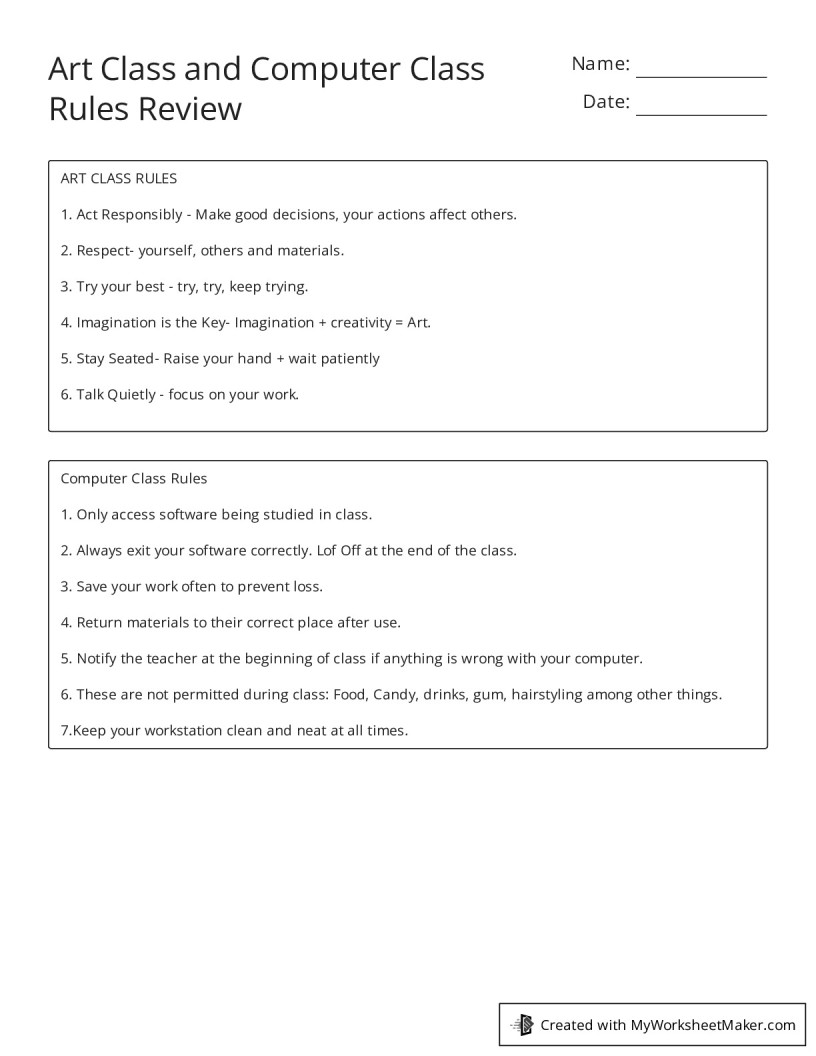 Art Class and Computer Class Rules Review - My Worksheet Maker: Create ...