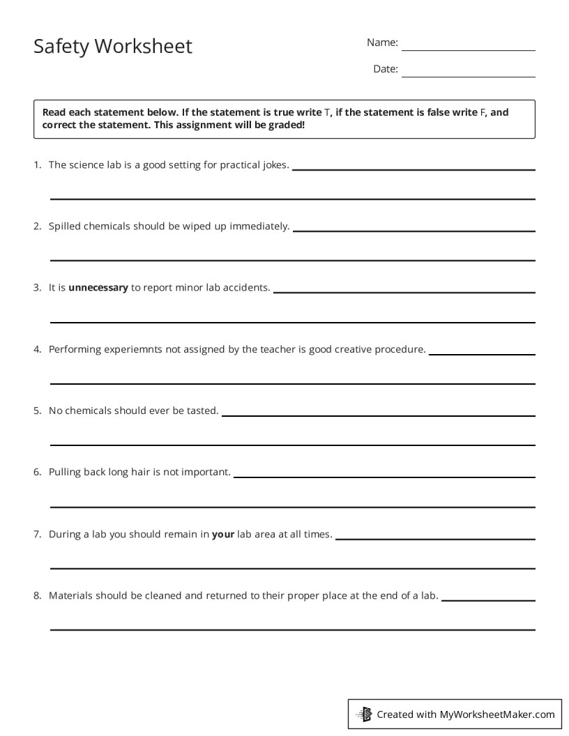 Safety Worksheet - My Worksheet Maker: Create Your Own Worksheets