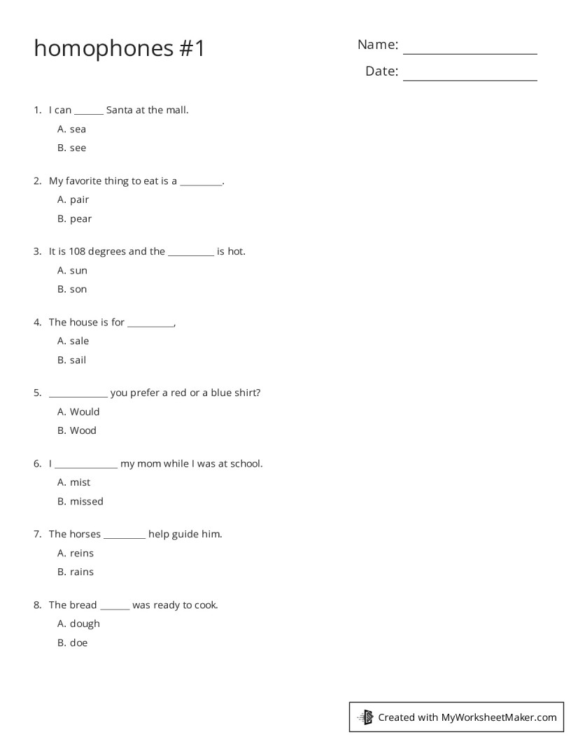 homophones #1 - My Worksheet Maker: Create Your Own Worksheets