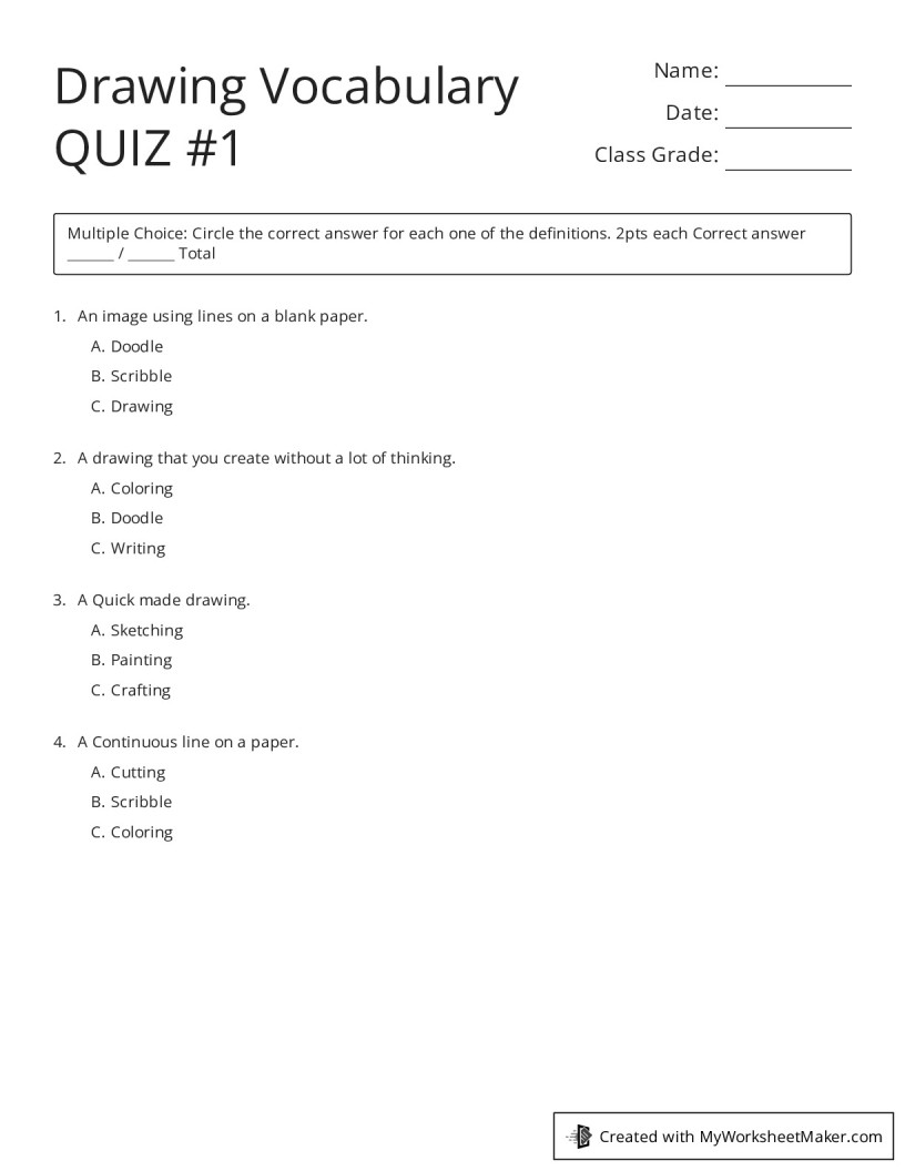 Drawing Vocabulary QUIZ #1 - My Worksheet Maker: Create Your Own Worksheets