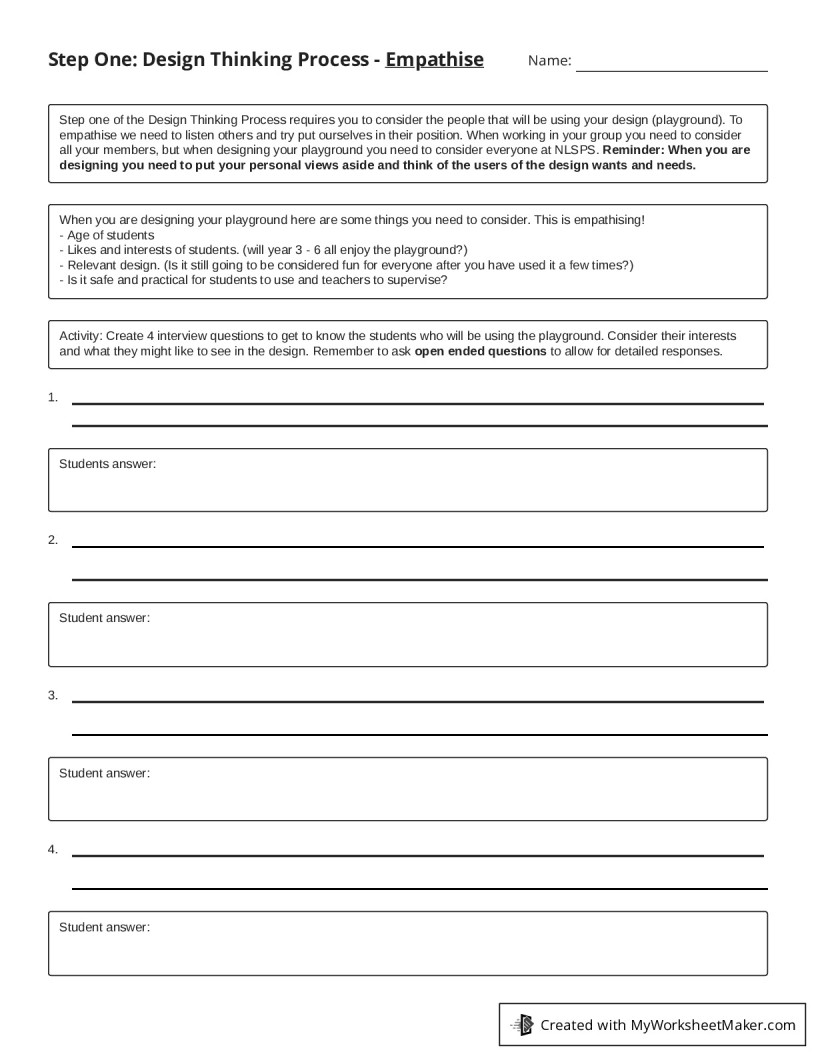 Step One: Design Thinking Process - Empathise - My Worksheet Maker ...