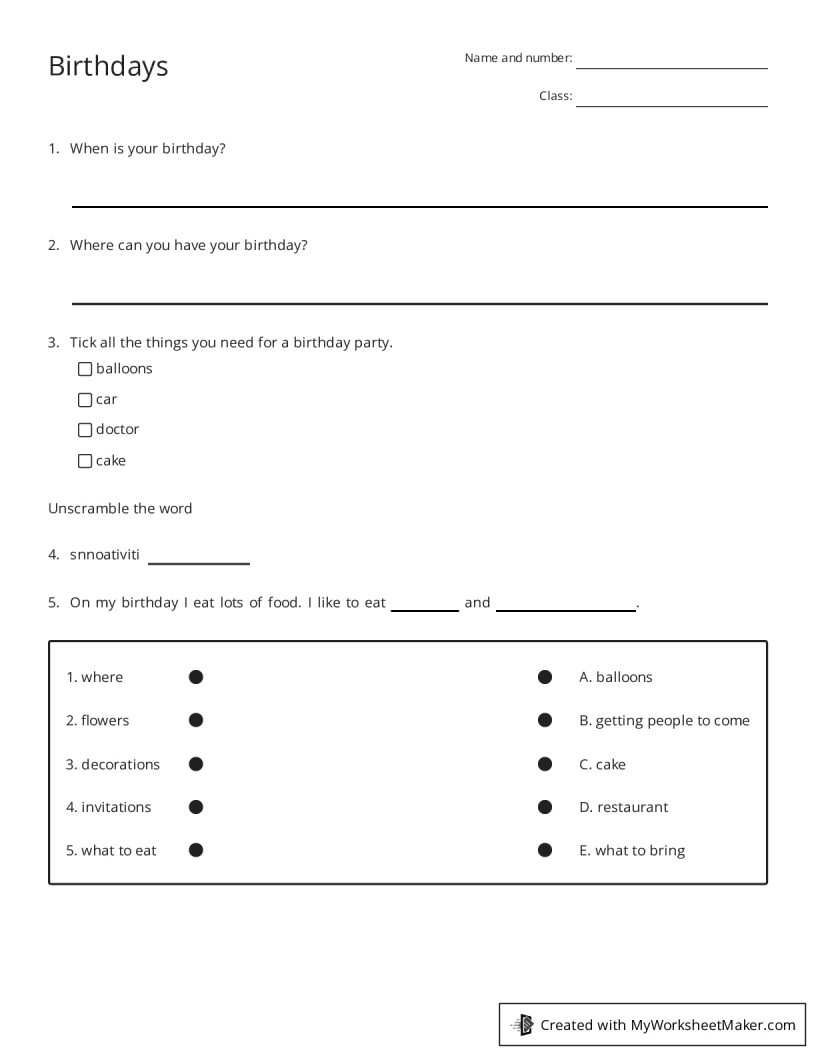 Birthdays - My Worksheet Maker: Create Your Own Worksheets