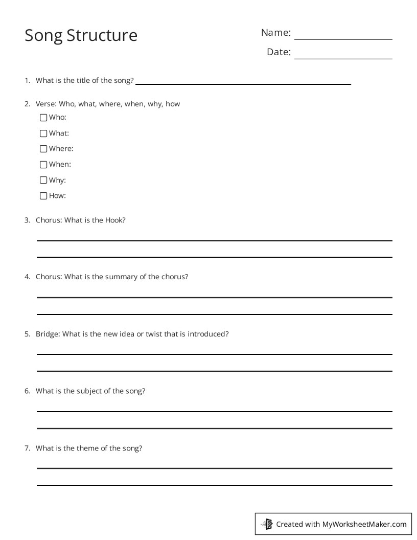 Song Structure - My Worksheet Maker: Create Your Own Worksheets
