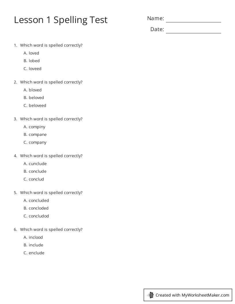 Lesson 1 Spelling Test - My Worksheet Maker: Create Your Own Worksheets