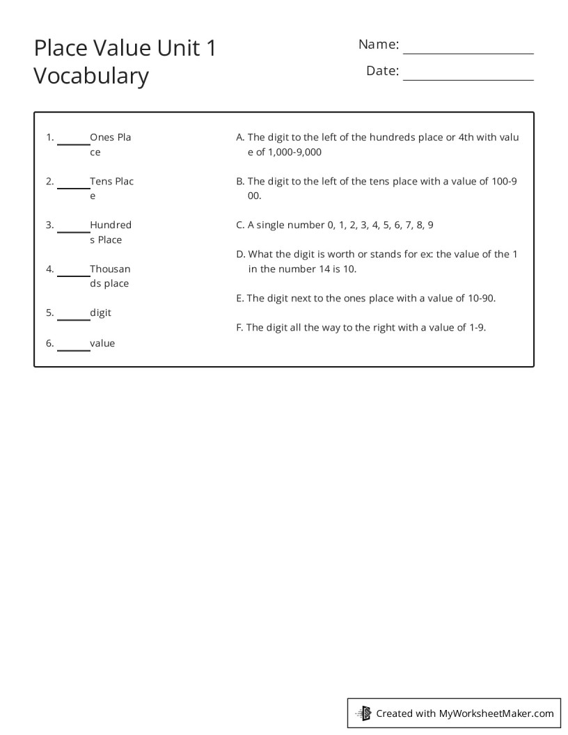 Place Value Unit 1 Vocabulary - My Worksheet Maker: Create Your Own ...