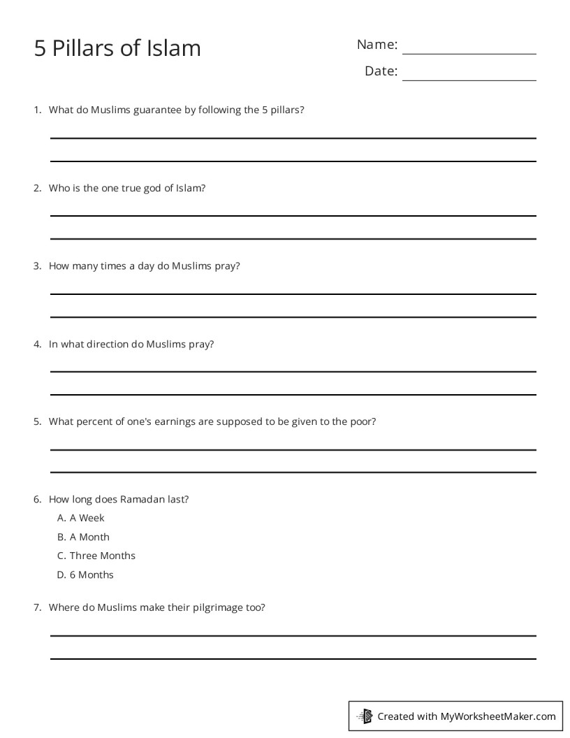 5 Pillars of Islam - My Worksheet Maker: Create Your Own Worksheets