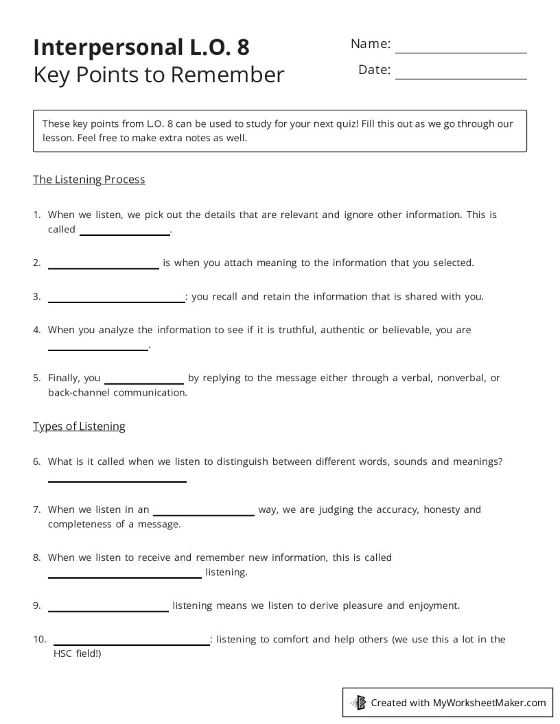 Interpersonal L.O. 8Key Points to Remember - My Worksheet Maker: Create ...