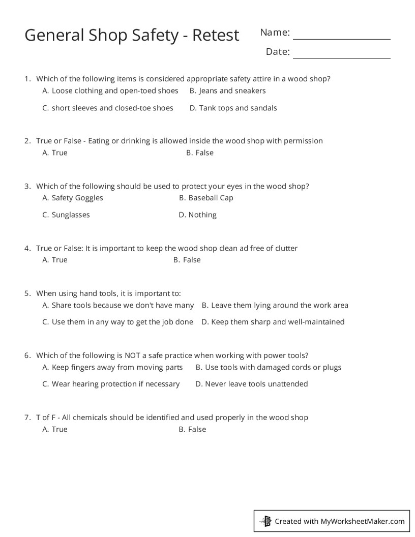 General Shop Safety - Retest - My Worksheet Maker: Create Your Own ...