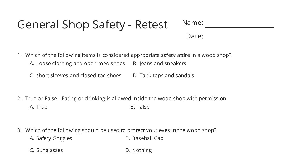 General Shop Safety - Retest - My Worksheet Maker: Create Your Own ...