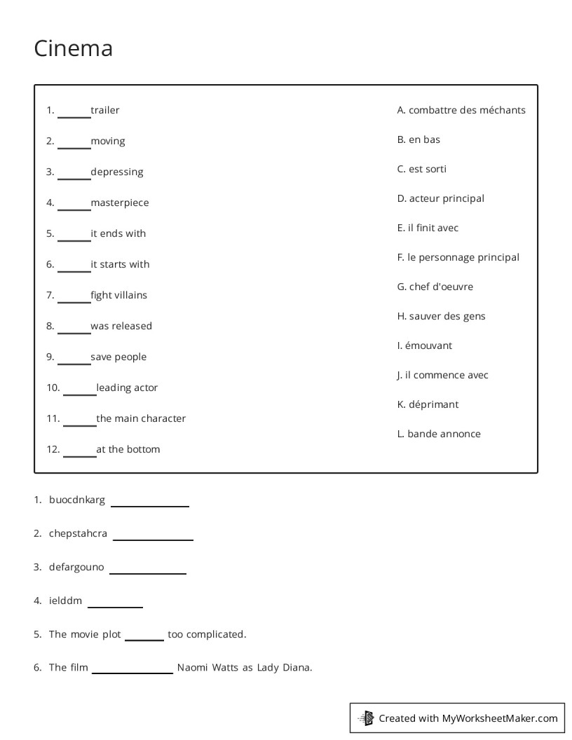 Cinema - My Worksheet Maker: Create Your Own Worksheets