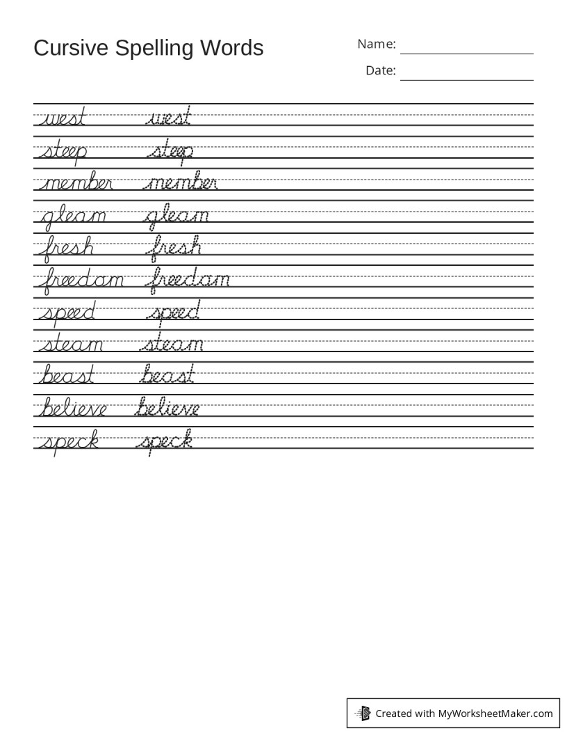 Cursive Spelling Words - My Worksheet Maker: Create Your Own Worksheets