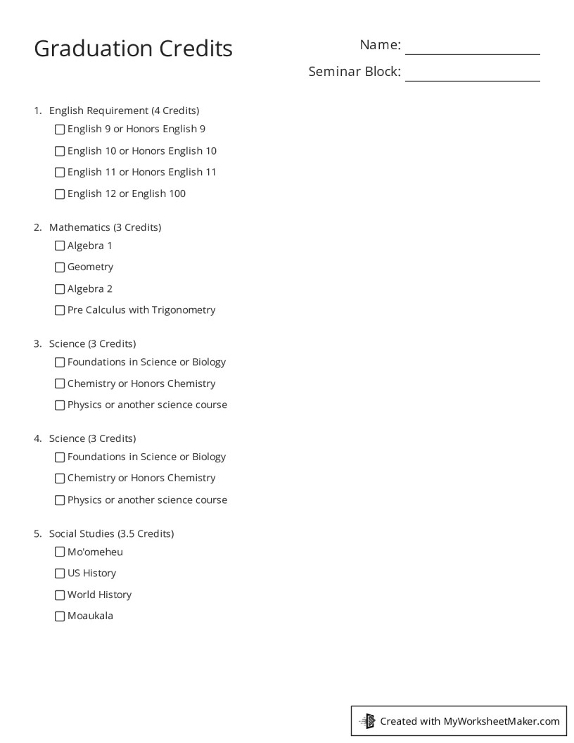 Graduation Credits - My Worksheet Maker: Create Your Own Worksheets