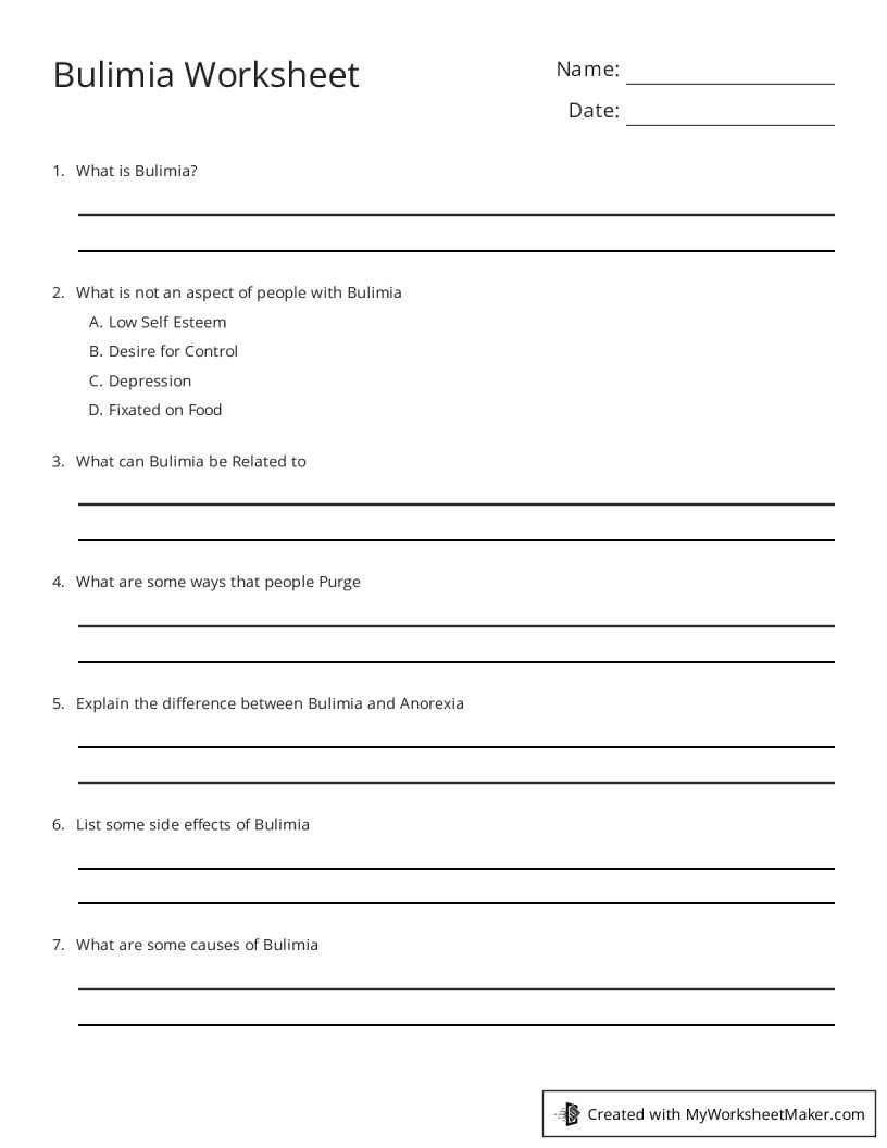 Bulimia Worksheet - My Worksheet Maker: Create Your Own Worksheets