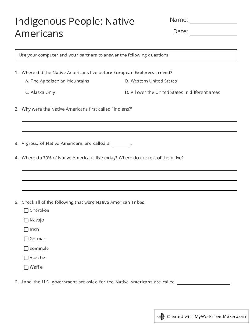 Indigenous People: Native Americans - My Worksheet Maker: Create Your ...