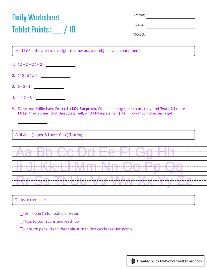 Daily WorksheetTablet Points : __ / 10 - My Worksheet Maker: Create ...