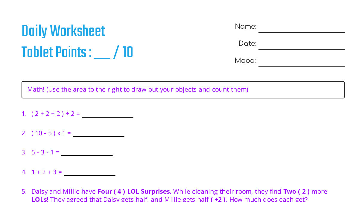 Daily Worksheet Tablet Points : __ / 10 - My Worksheet Maker: Create ...
