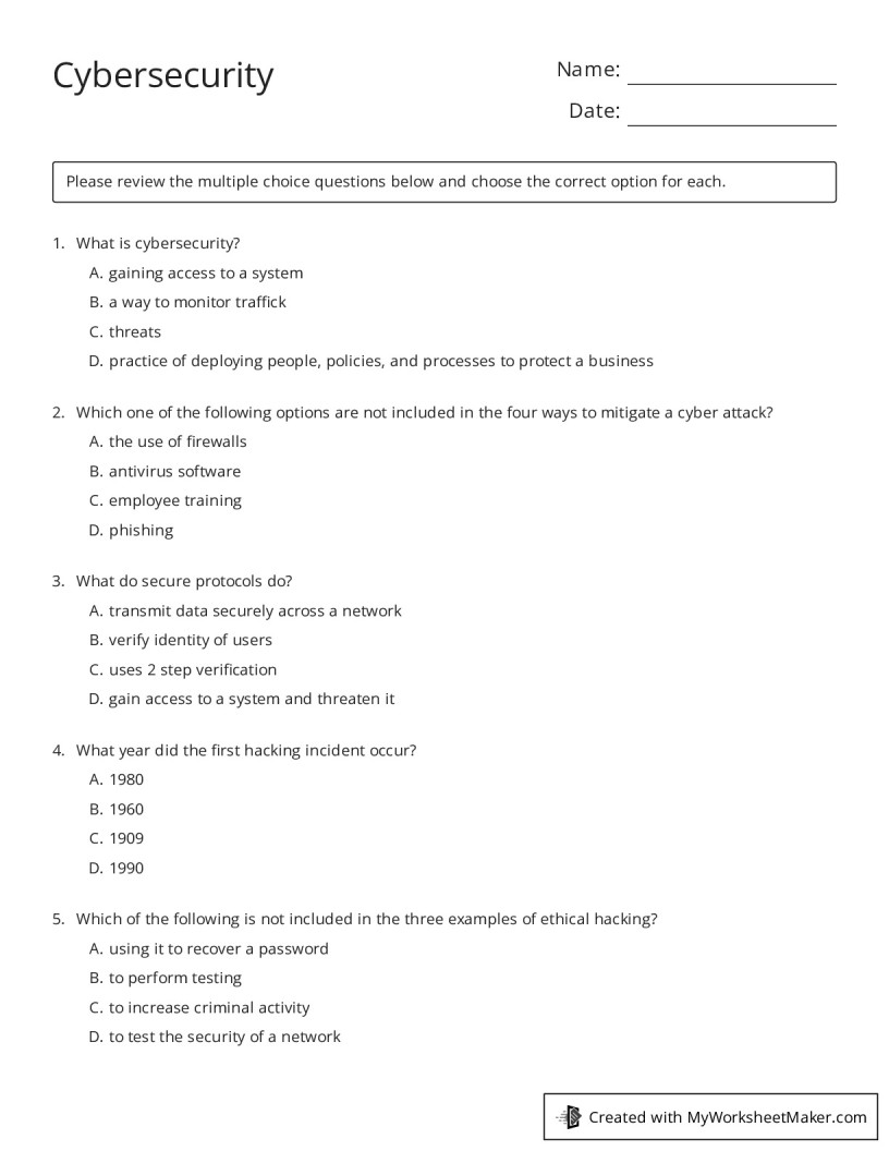Cybersecurity - My Worksheet Maker: Create Your Own Worksheets