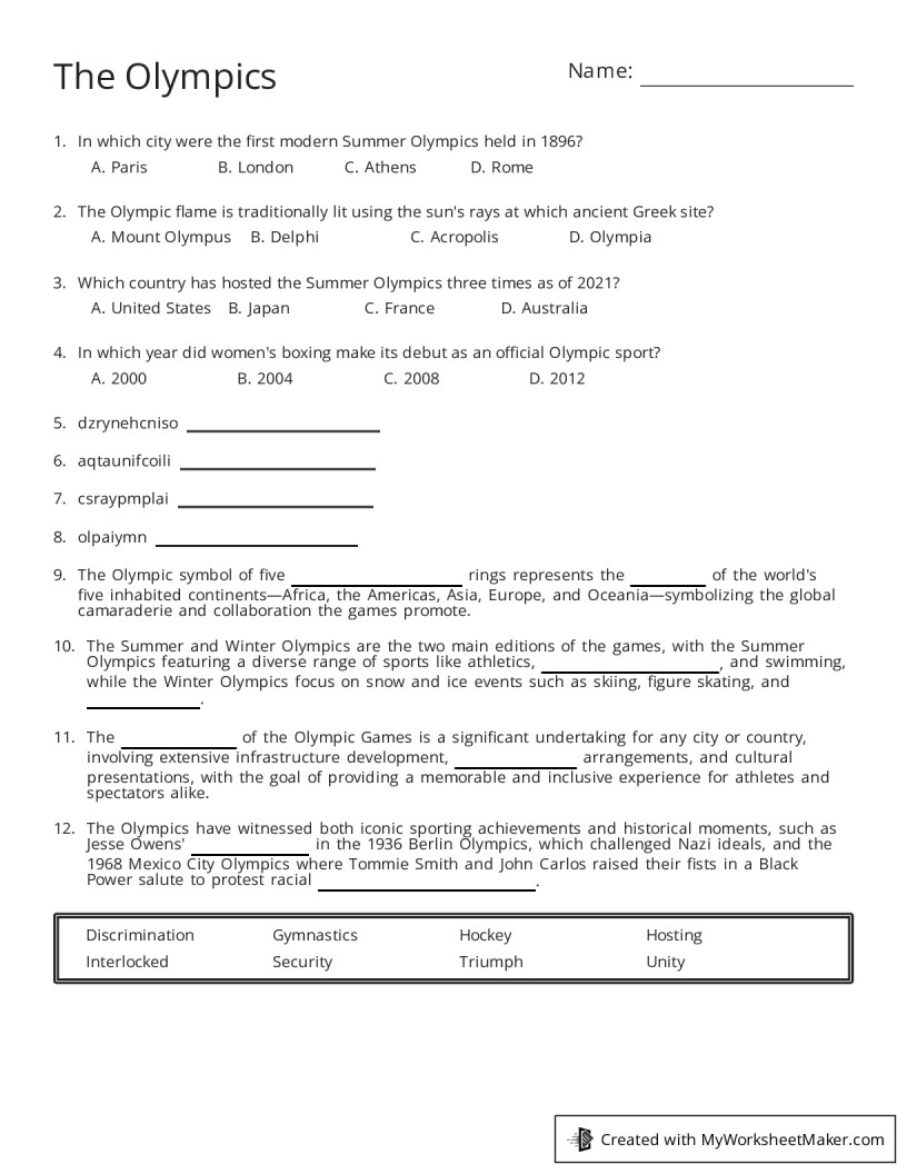 The Olympics - My Worksheet Maker: Create Your Own Worksheets