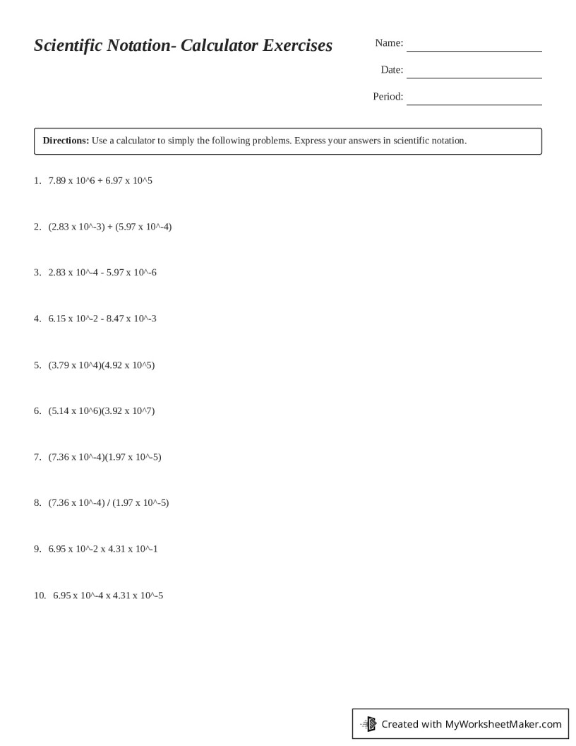 Scientific Notation Calculator Exercises My Worksheet Maker Create
