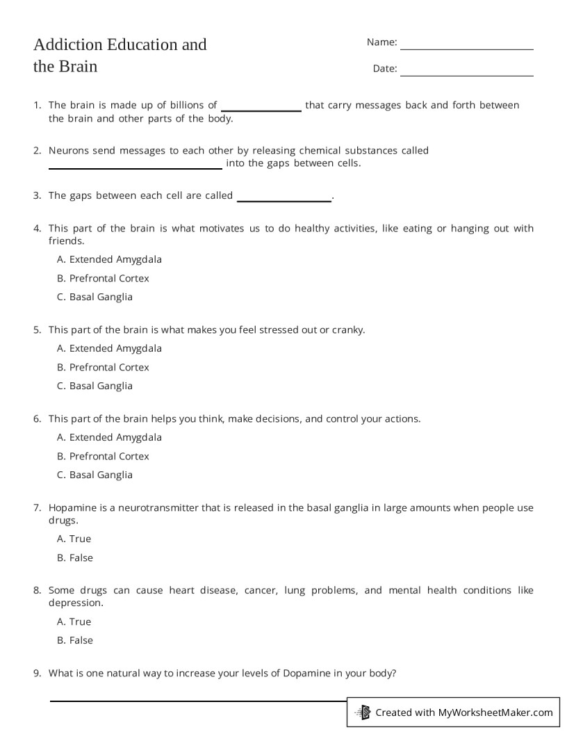 Addiction Education and the Brain - My Worksheet Maker: Create Your Own Worksheets
