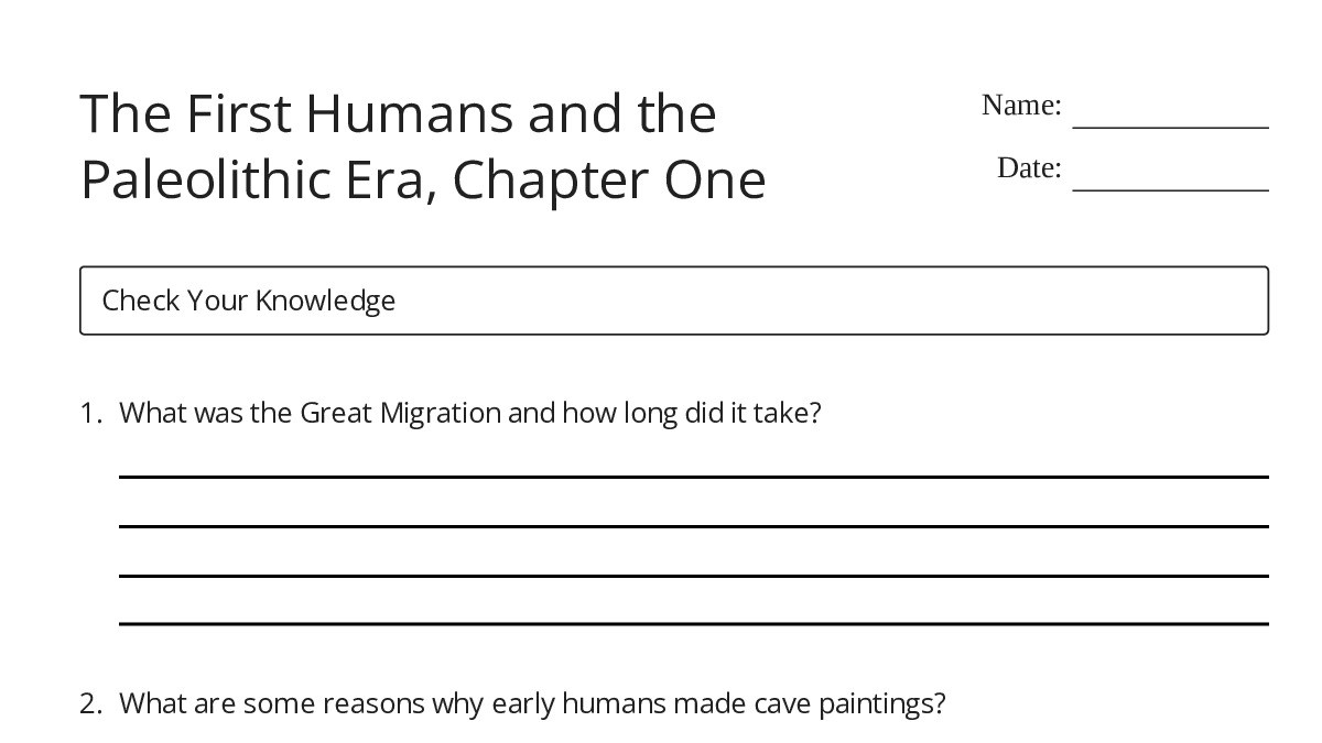 The First Humans and the Paleolithic Era, Chapter One - My Worksheet ...