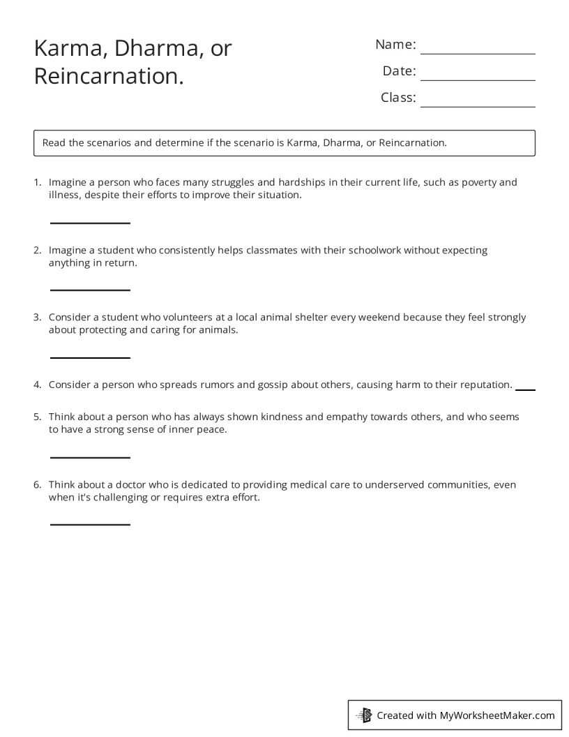 Karma, Dharma, or Reincarnation. - My Worksheet Maker: Create Your Own ...