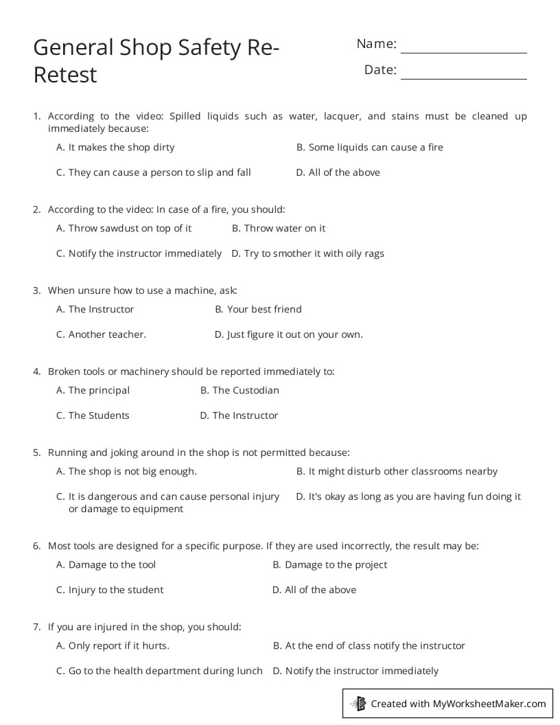 General Shop Safety Re-Retest - My Worksheet Maker: Create Your Own ...
