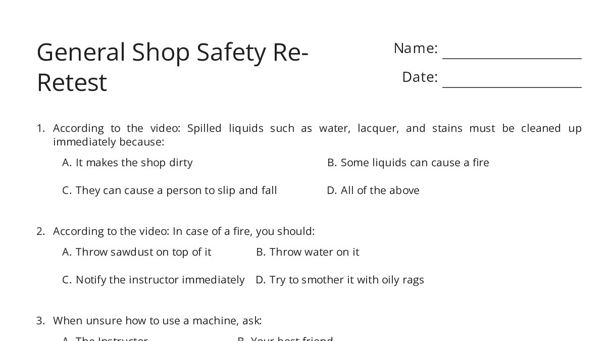 General Shop Safety Re-Retest - My Worksheet Maker: Create Your Own ...