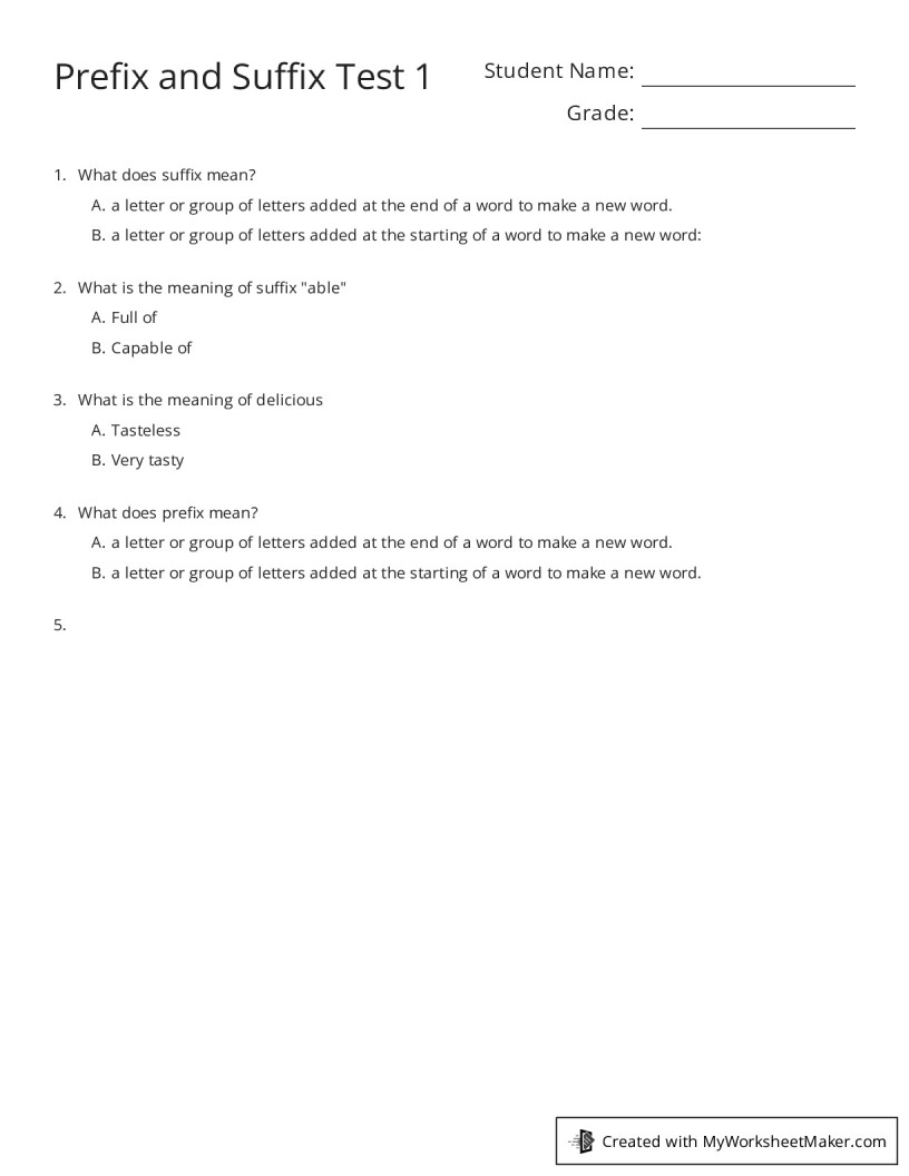 Prefix and Suffix Test 1 - My Worksheet Maker: Create Your Own Worksheets