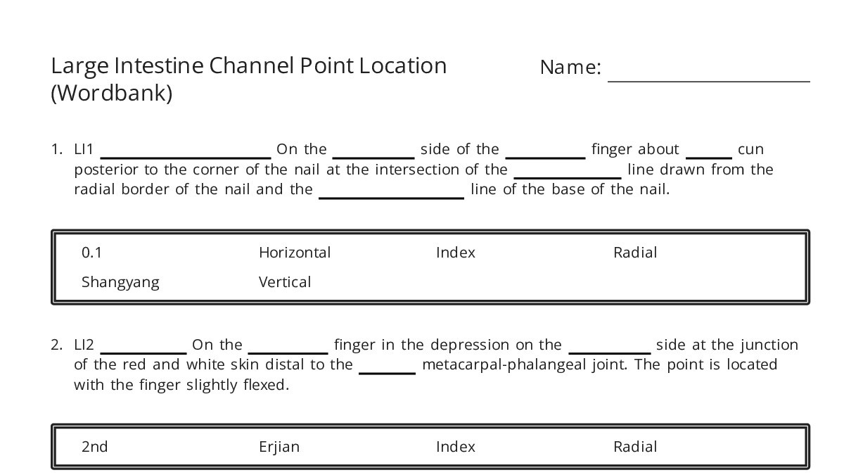 Large Intestine Channel Point Location (Wordbank) - My Worksheet Maker ...