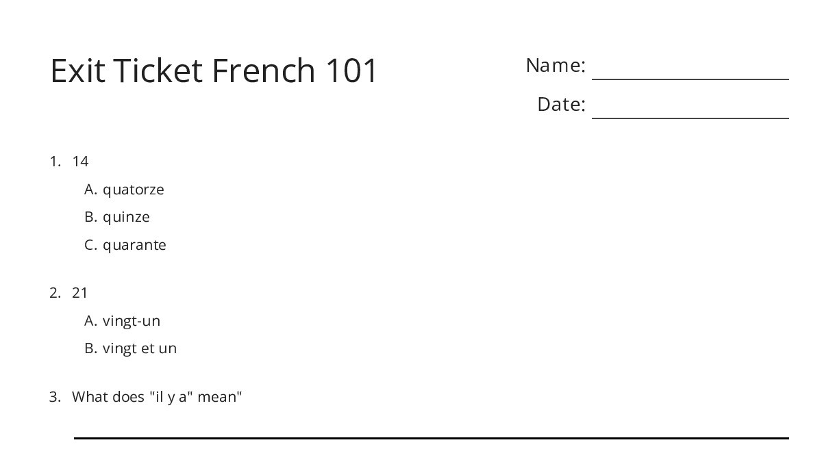 Exit Ticket French 101 - My Worksheet Maker: Create Your Own Worksheets