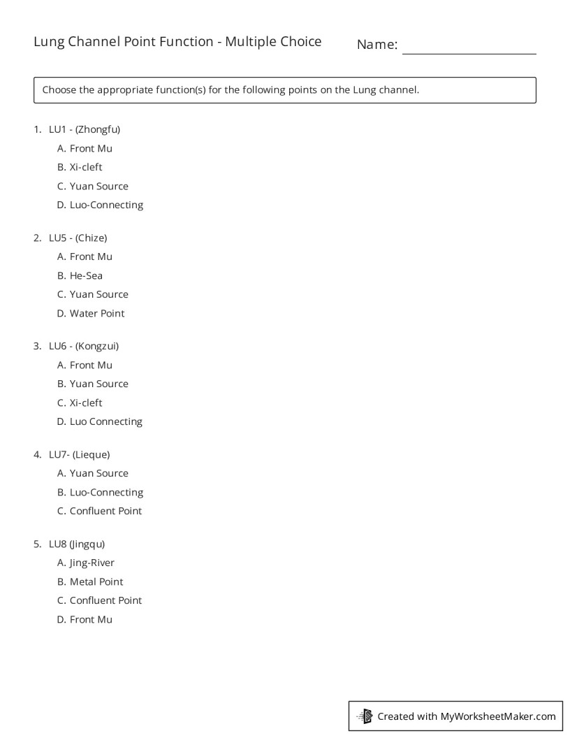 Lung Channel Point Function - Multiple Choice - My Worksheet Maker ...