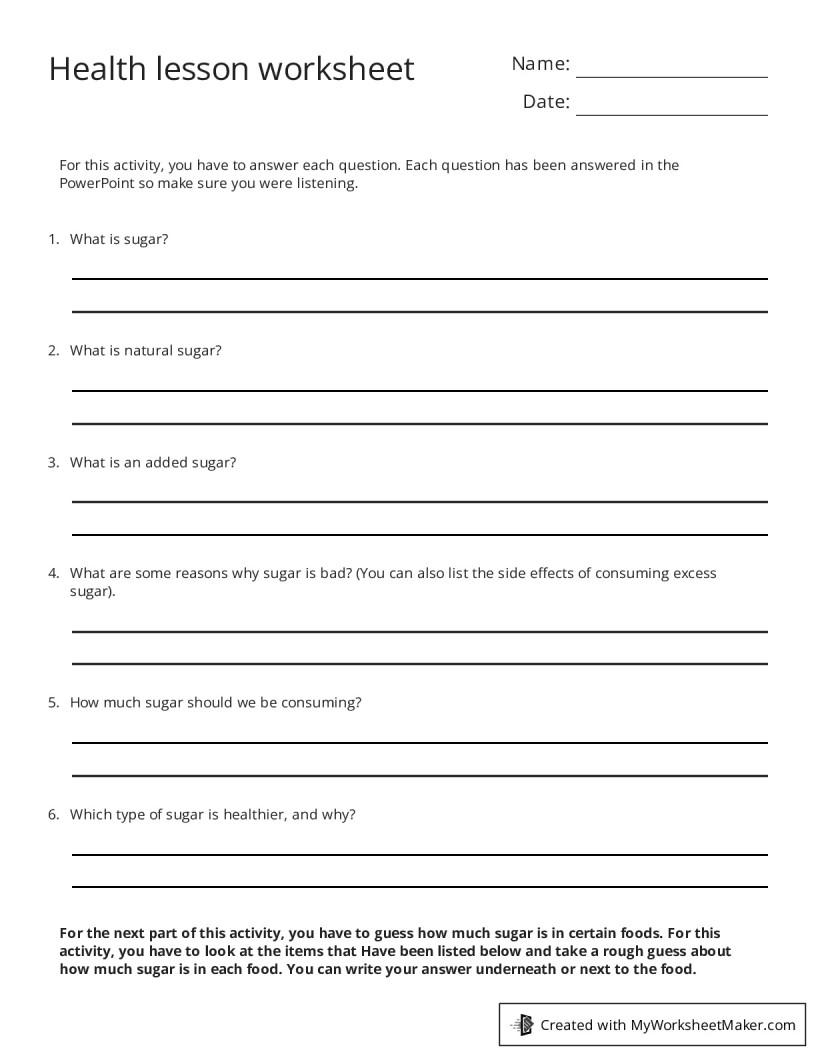 Health lesson worksheet - My Worksheet Maker: Create Your Own Worksheets