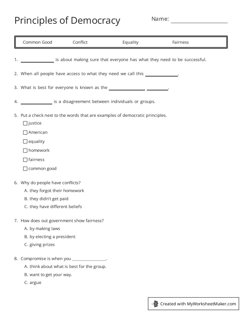Principles of Democracy - My Worksheet Maker: Create Your Own Worksheets