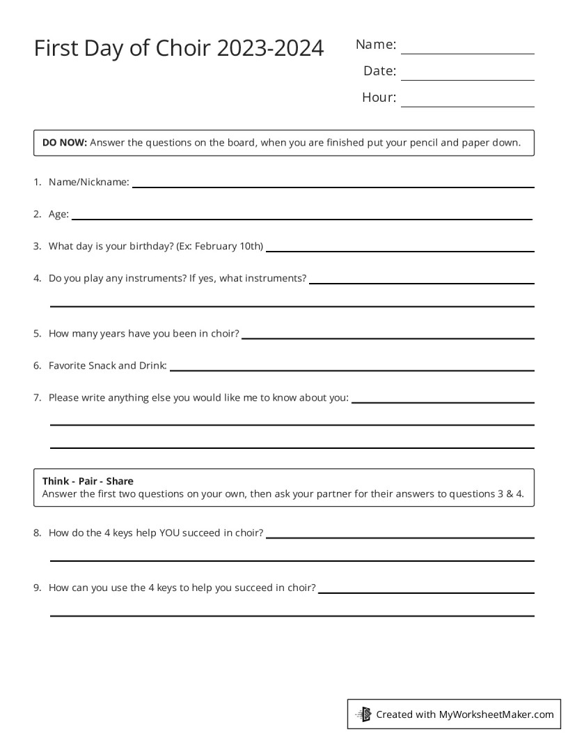 First Day of Choir 2023-2024 - My Worksheet Maker: Create Your Own ...