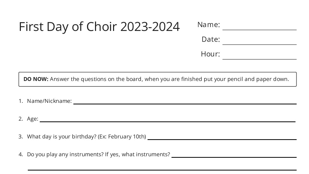 First Day of Choir 2023-2024 - My Worksheet Maker: Create Your Own ...