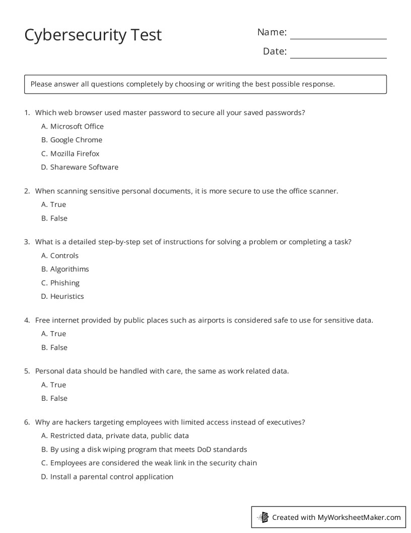 Cybersecurity Test - My Worksheet Maker: Create Your Own Worksheets